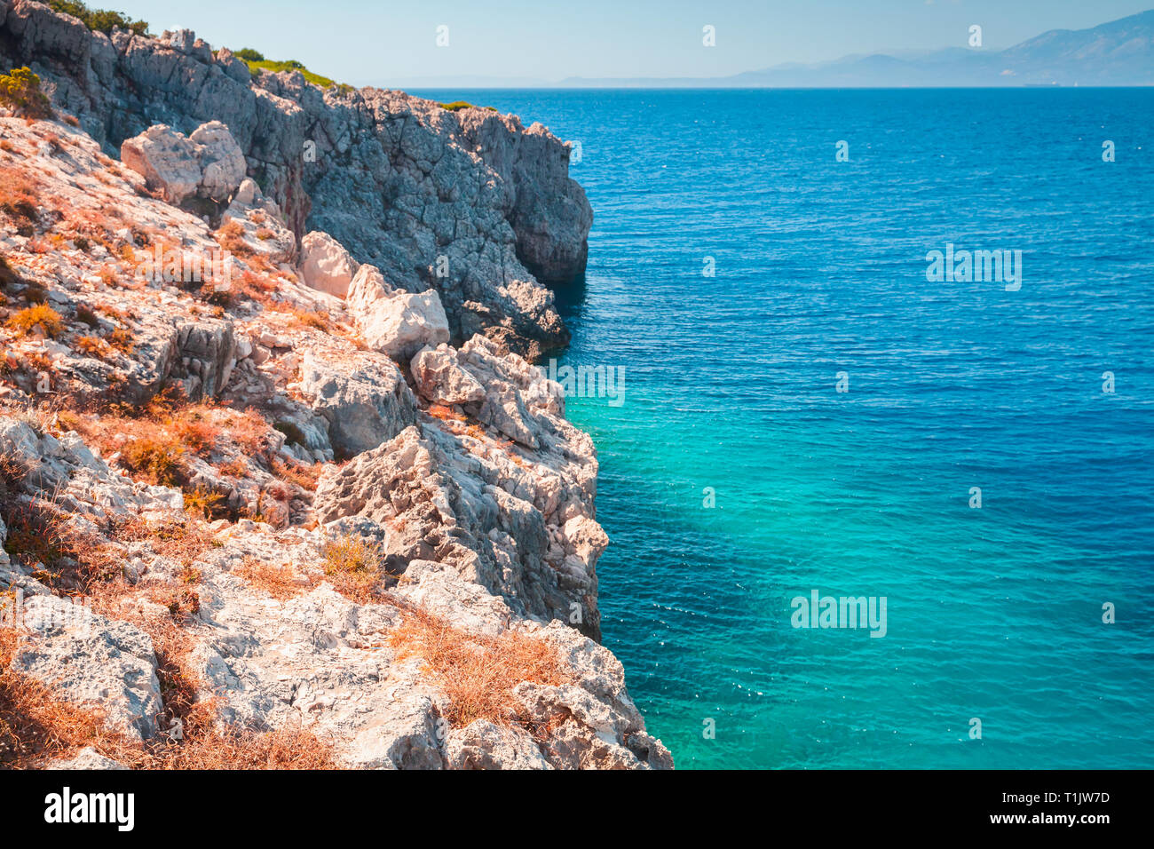 Seaside landscape with coastal rocks of Greek island Zakynthos in the ...