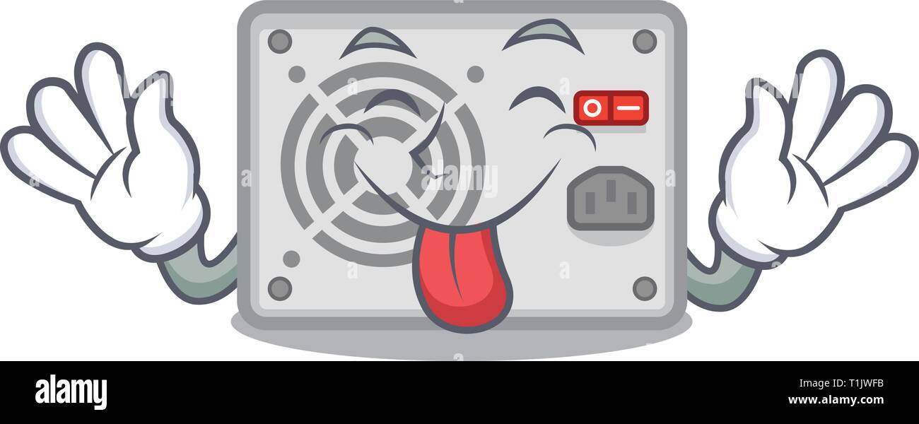 Tongue out cartoon power supply on the computer vector illustration ...