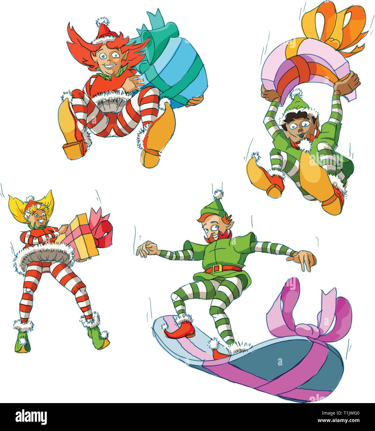 Male & female elves in striped pants & seasonal uniforms carry presents ...