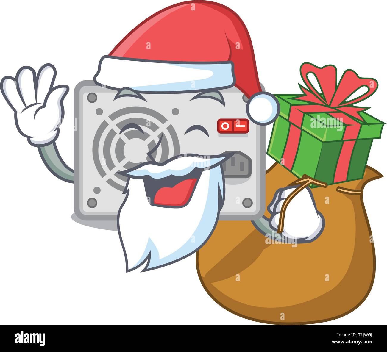 Santa with gift cartoon power supply on the computer vector ...
