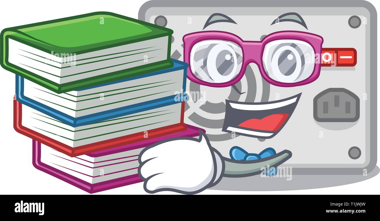 Student with book cartoon power supply on the computer vector ...