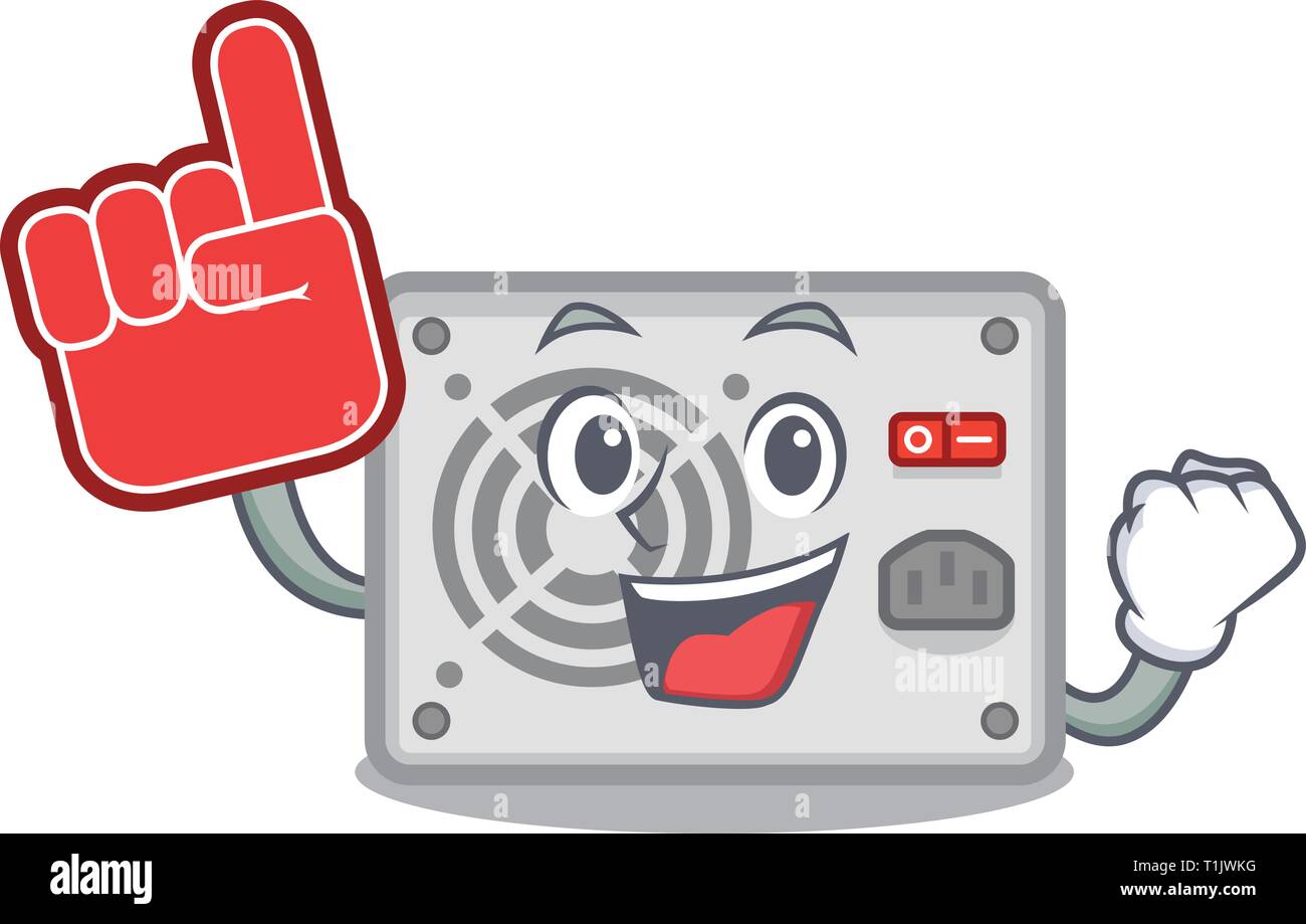 Foam finger cartoon power supply on the computer vector illustration ...