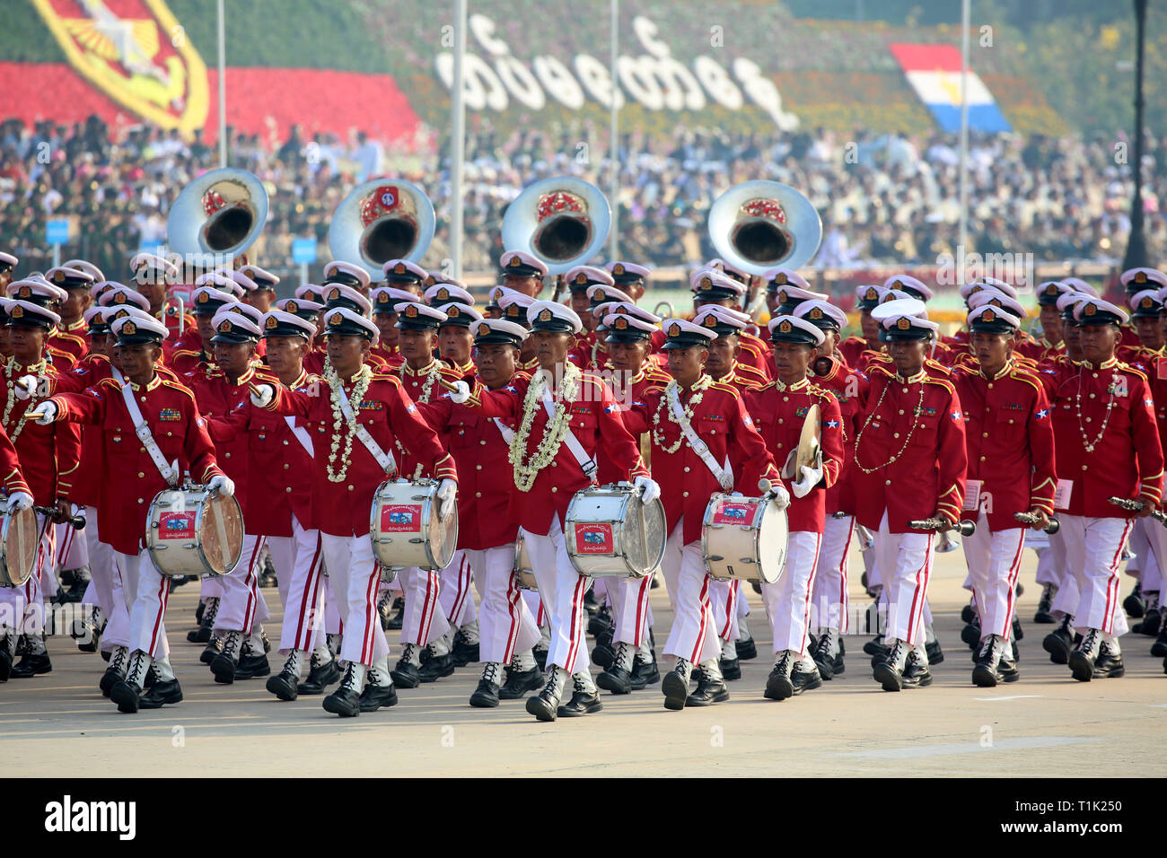 Nay Pyi Taw, Myanmar. 27th Mar, 2019. A military band attends a parade ...