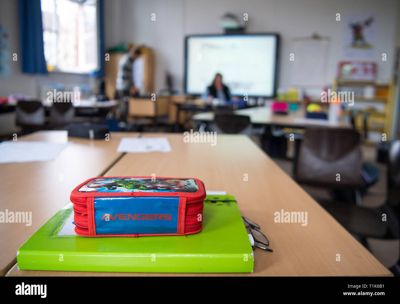Berlin, Germany. 27th Mar, 2019. Pencil cases and teaching materials ...