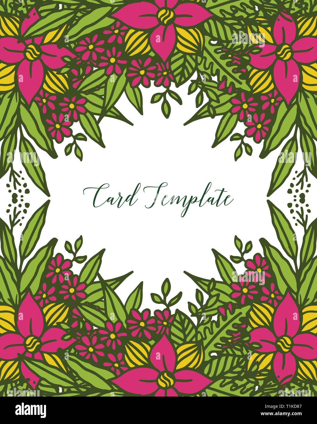 Vector illustration writing of card template with crowd of leaf wreath ...