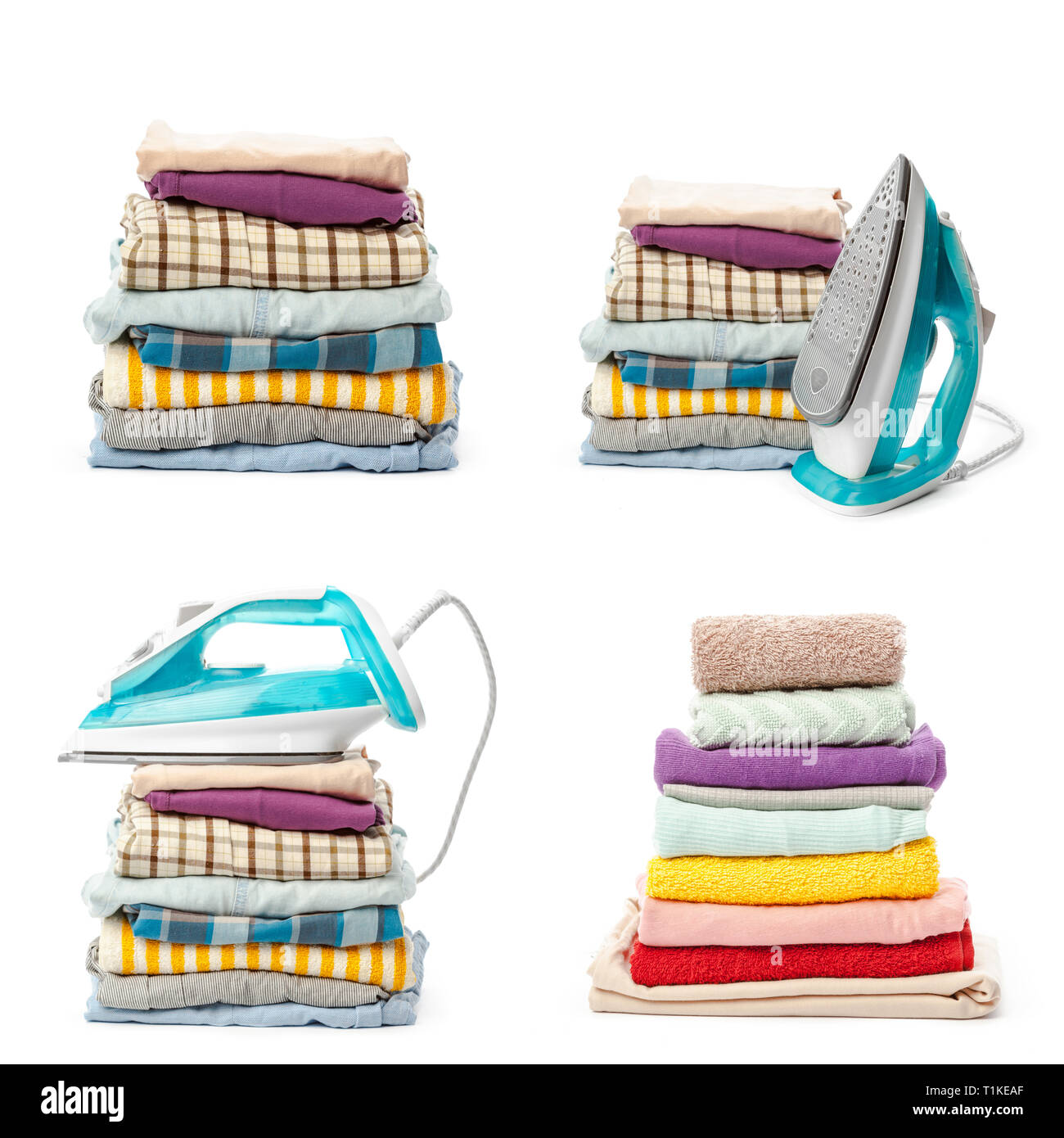 stacks of clothing collection isolated on white Stock Photo - Alamy