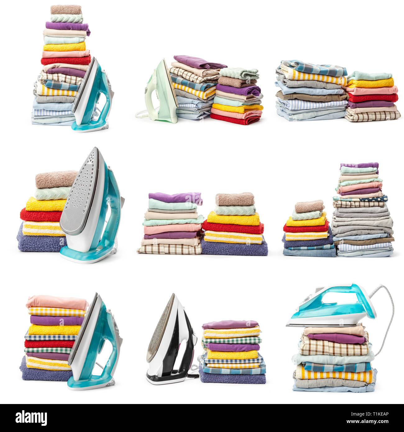 stacks of clothing collection isolated on white Stock Photo - Alamy