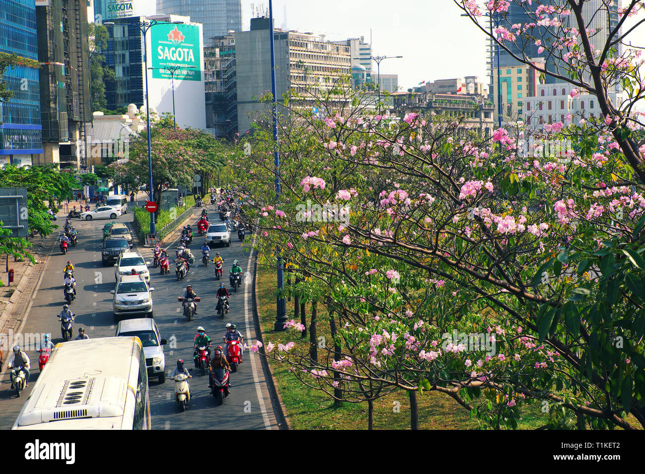 Beautiful landscape of Saigon from high view, street with vehicles as ...