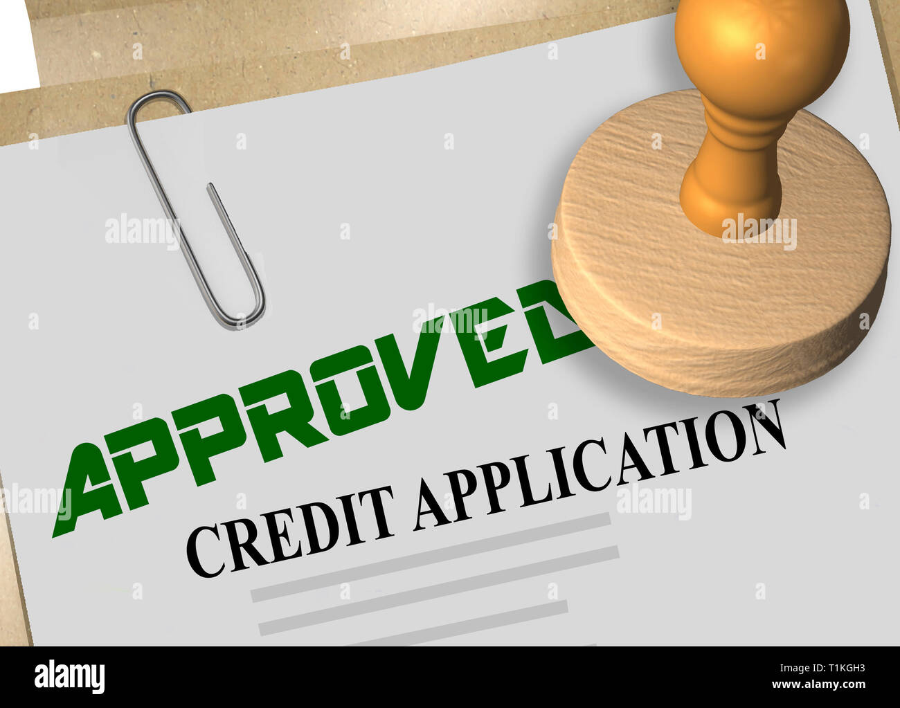 3D illustration of APPROVED stamp title on credit application document ...