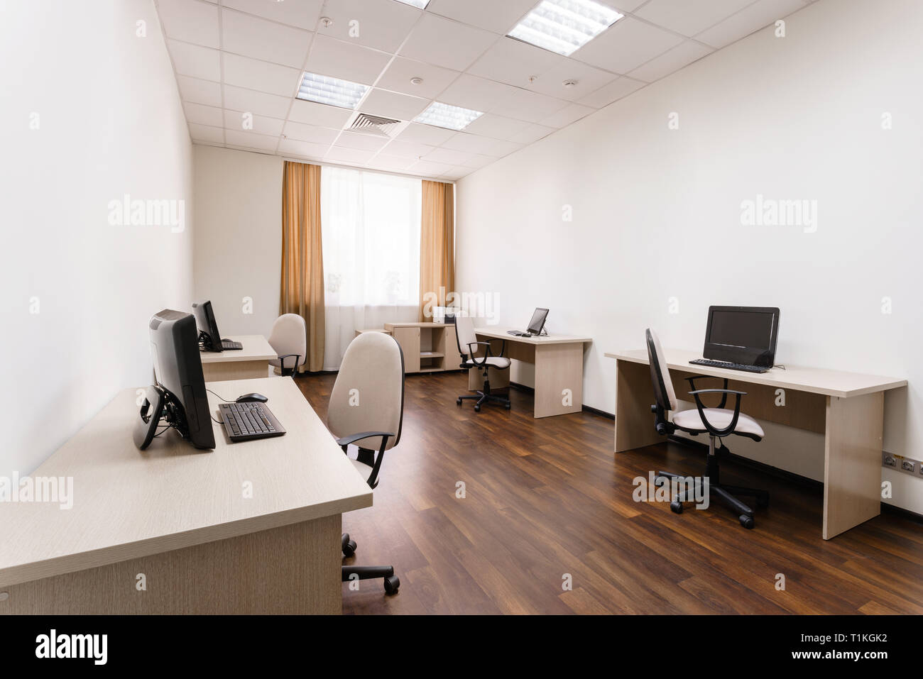 Empty modern conference hall in new hotel. Room for training, education ...