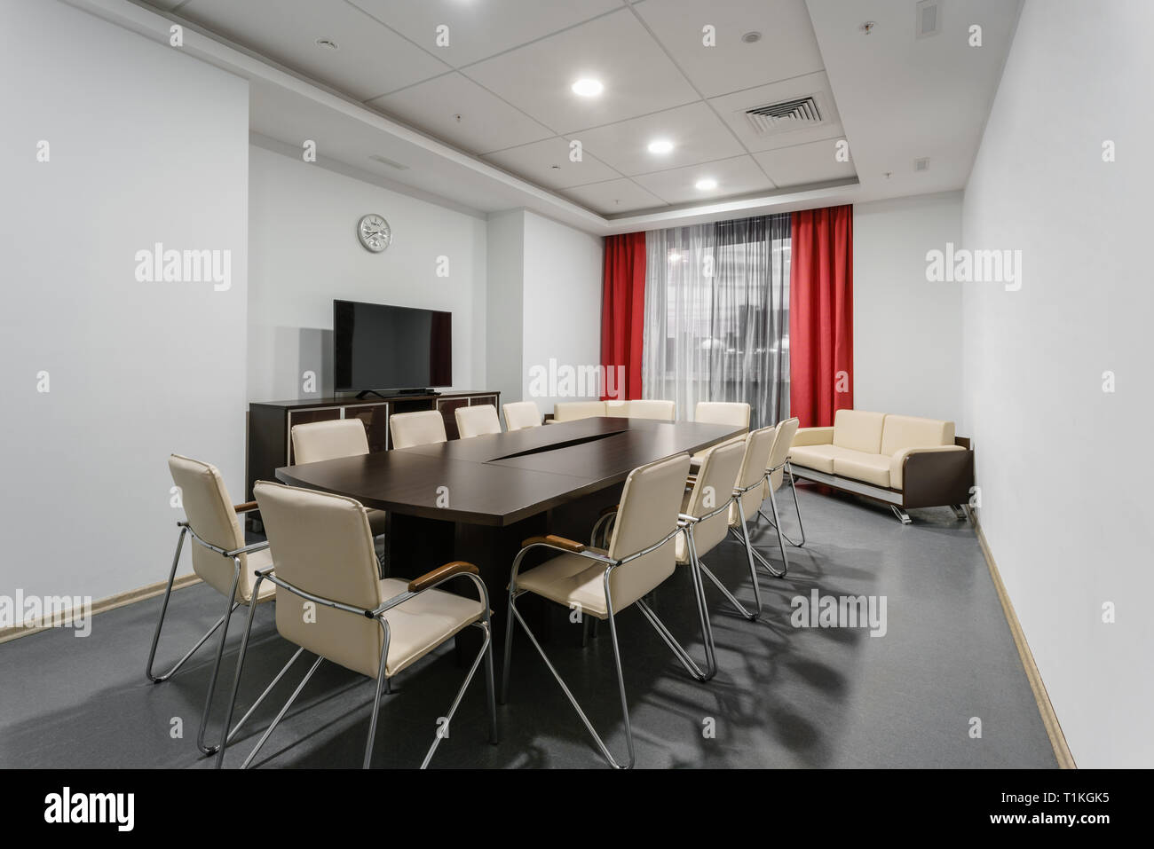 Empty modern conference hall in new hotel. Room for training, education ...