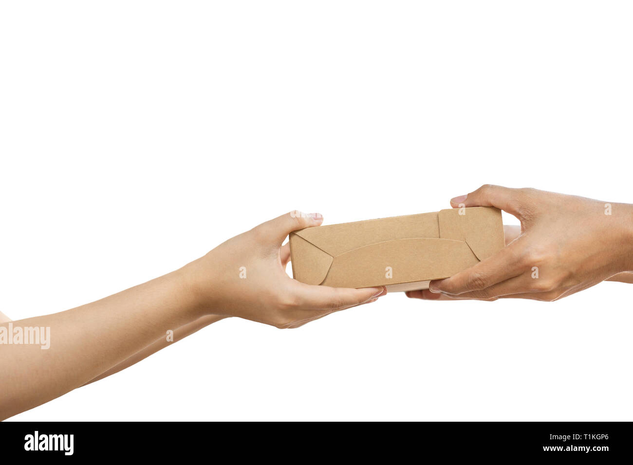 Hand giving package parcel isolated in clipping path Stock Photo - Alamy