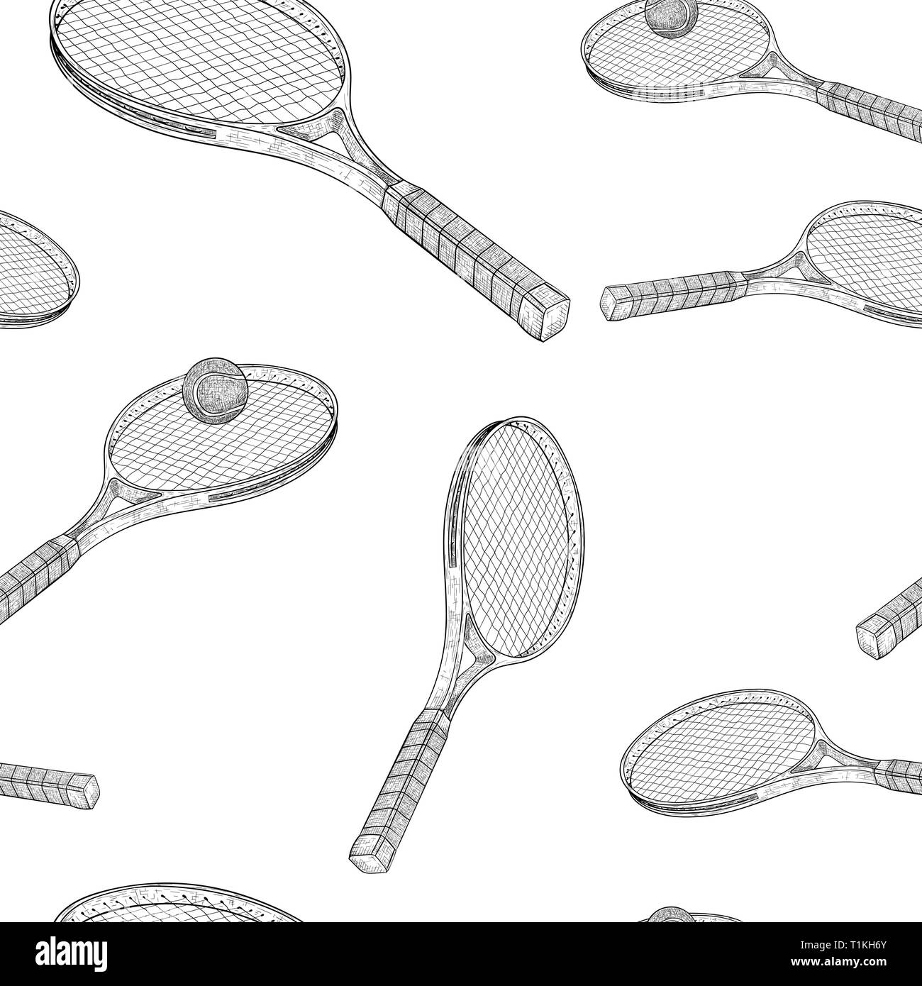 Tennis racket with a ball. Hand drawn sketch. Seamless background Stock ...