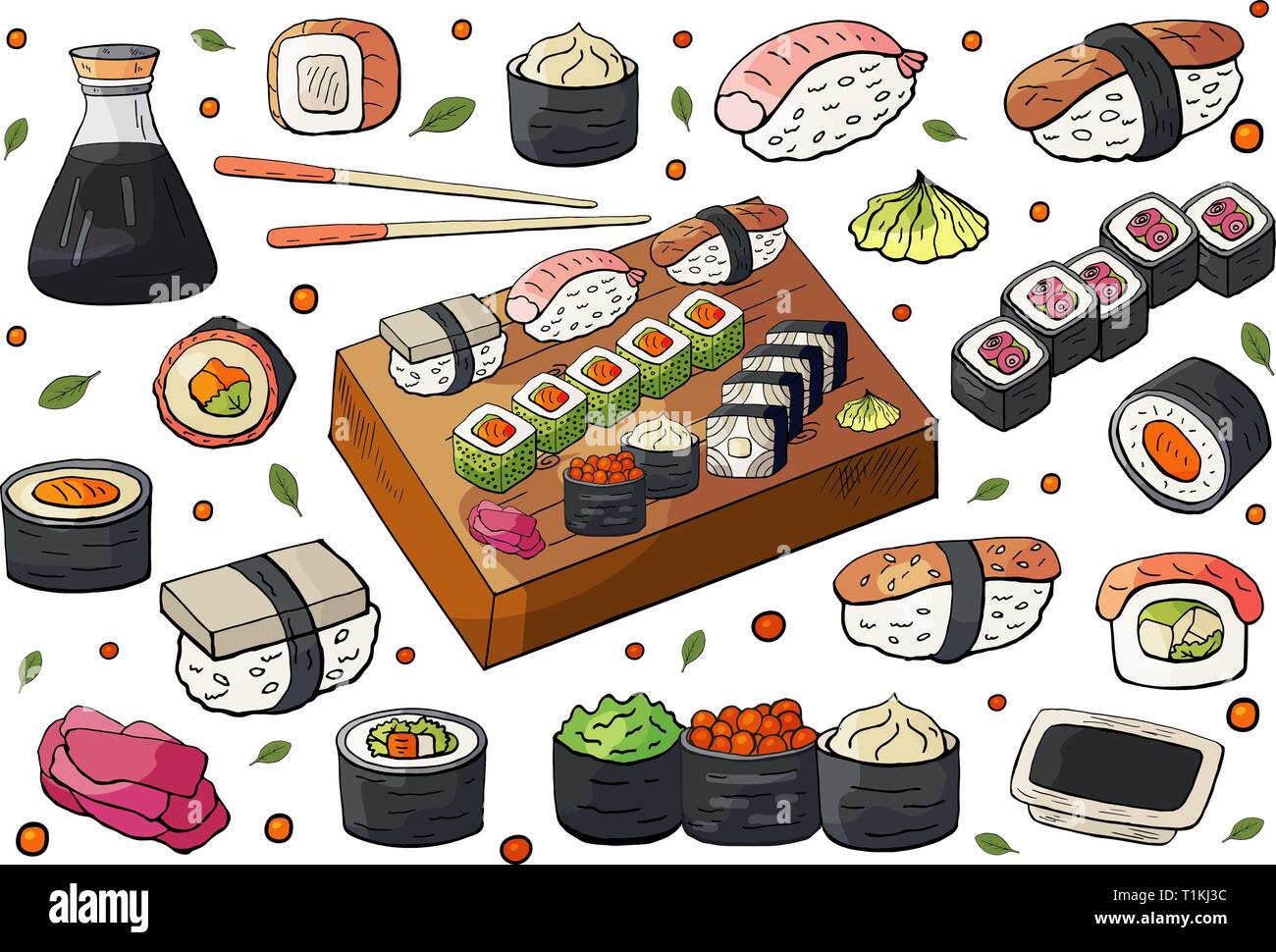 Hand drawn japan sushi and rolls sets isolated on white background ...