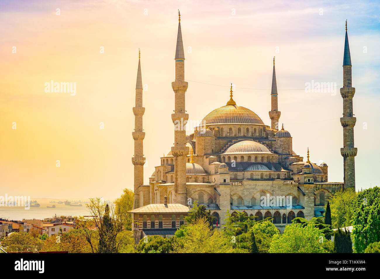 Minarets and domes of Blue Mosque with Bosporus and Marmara sea in ...