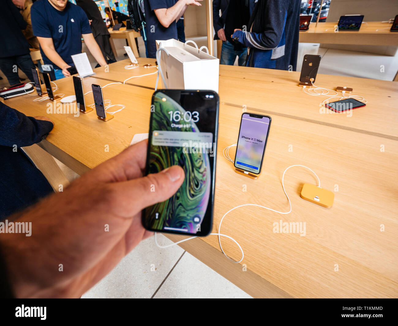 Paris, France - Mar 19 2019: Shopping atmosphere in Apple Store with ...