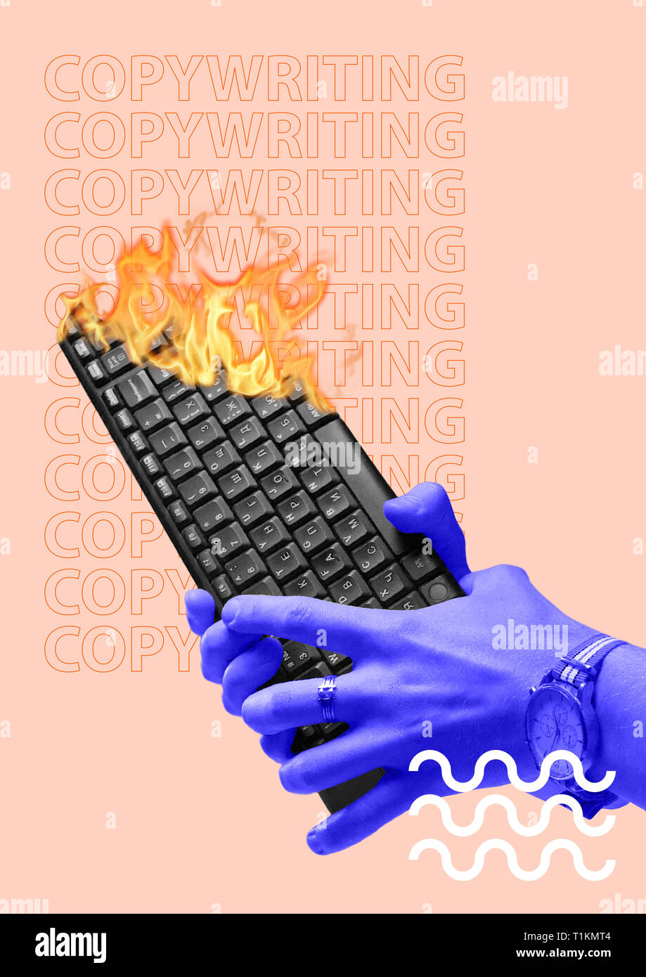 Copywriting in fire. Burning words getting hot. Male blue hands with ...