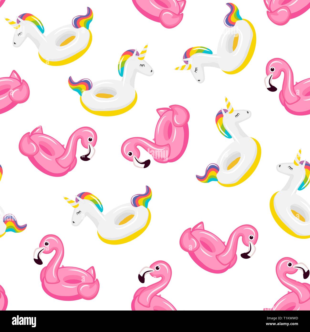Seamless pattern pink flamingo and colored unicorn inflatable. Pool ...