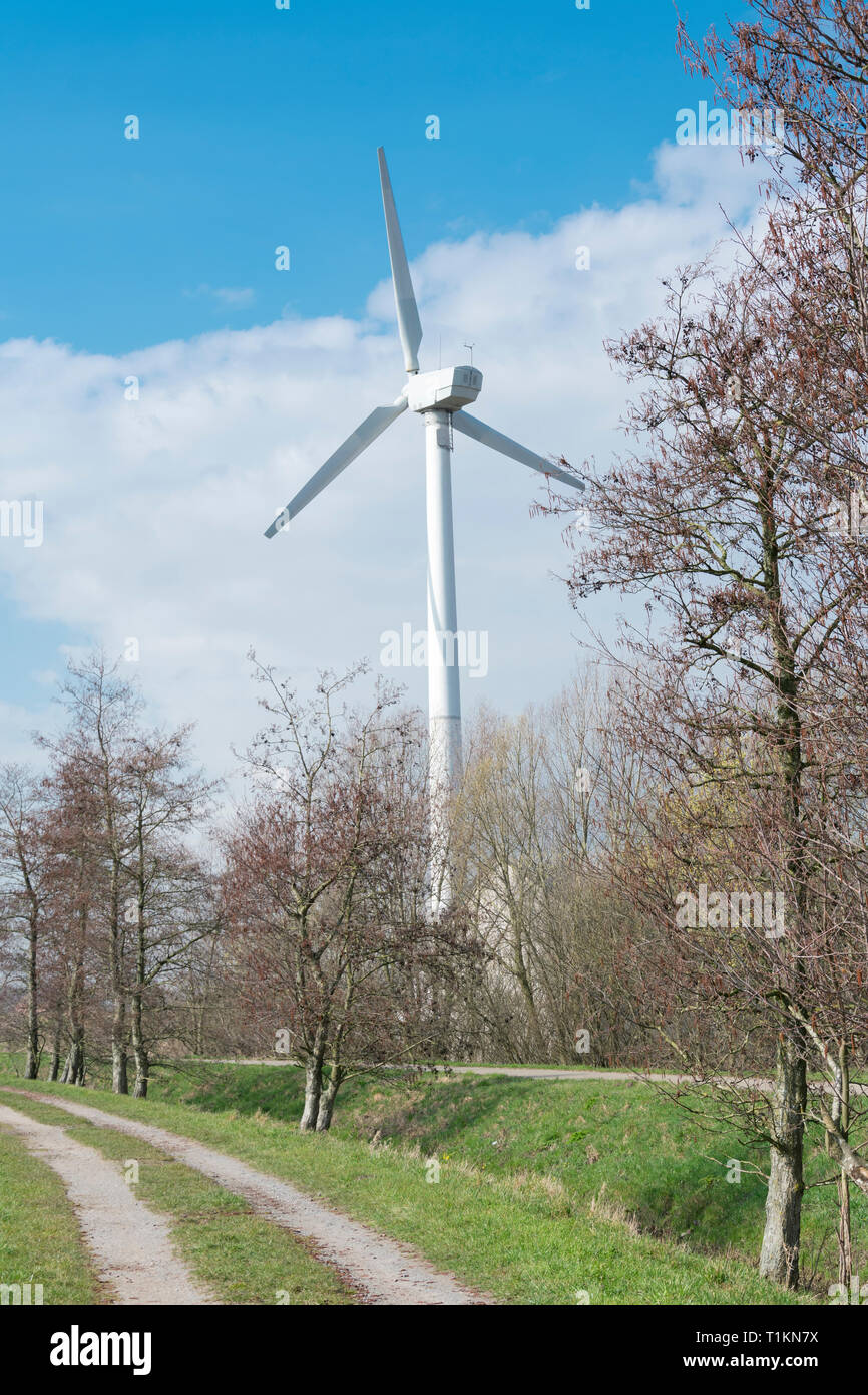 Wind turbine in a green environment next to a sandy road Stock Photo ...