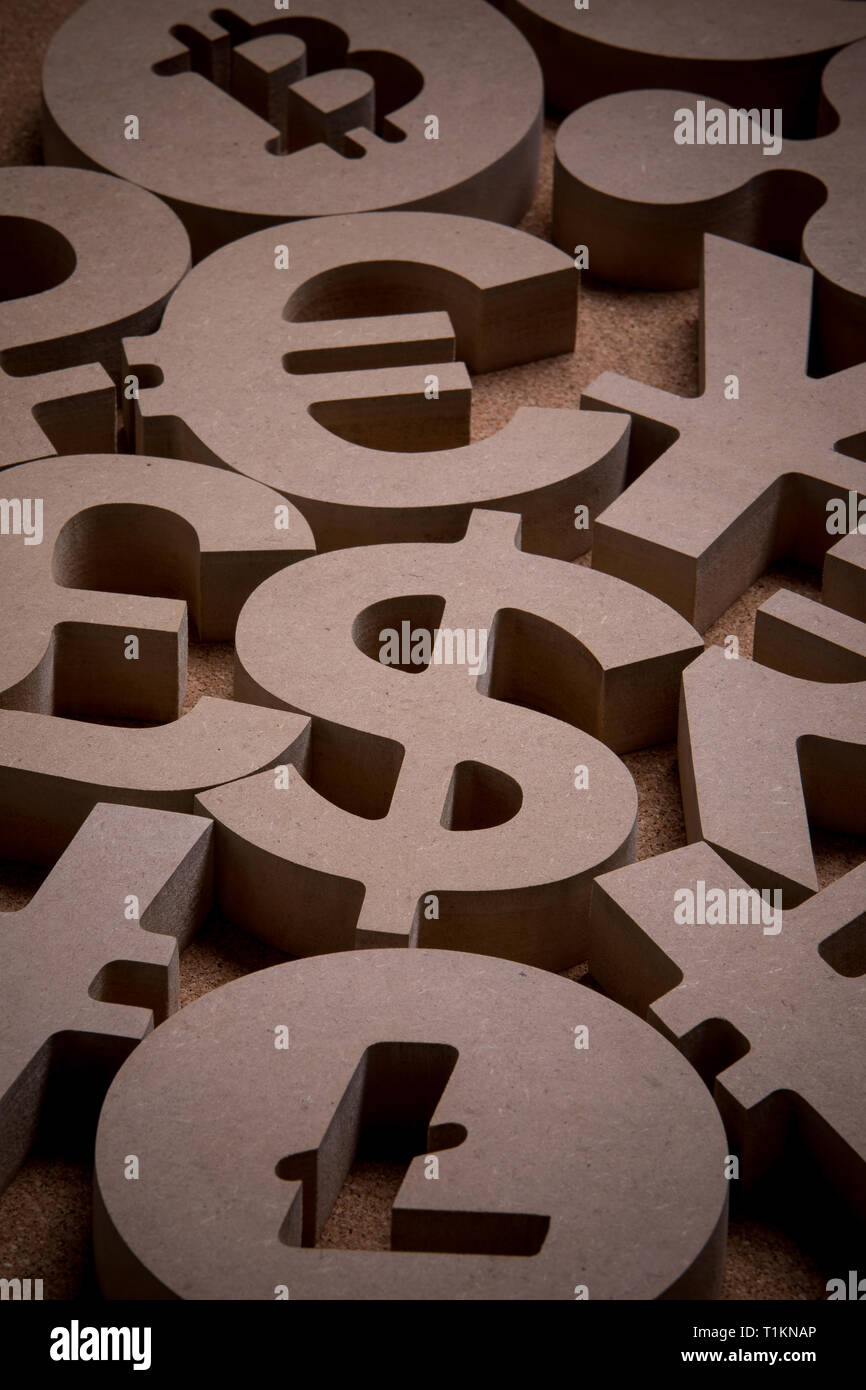 Various Wooden Sings or Symbols of World Currencies in Group Picture ...