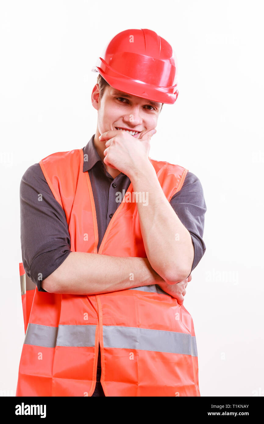 Job and work concept. Young handsome smiling worker wearing safety vest ...