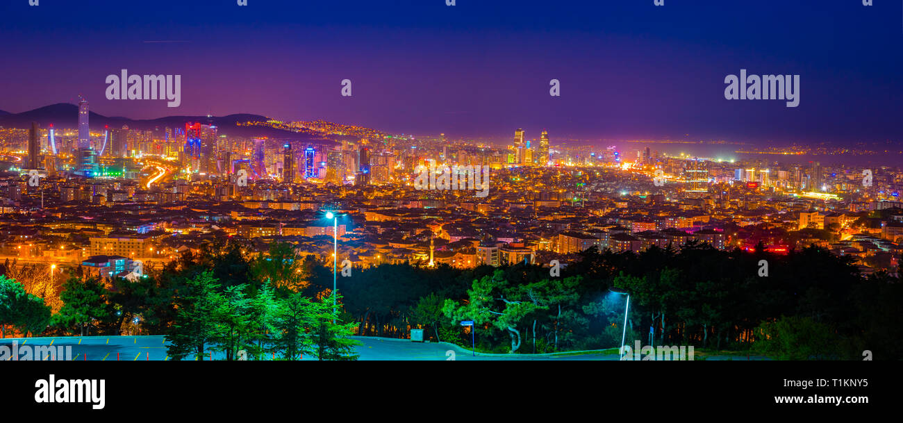 Istanbul night view of the city center. Skyscrapers, hotels and modern ...