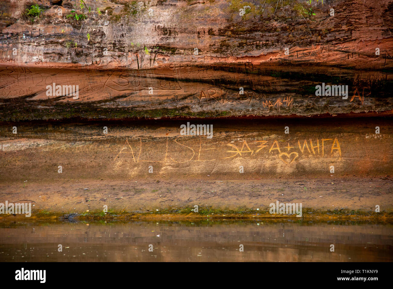 Closeup of sandstone cliff formation near the river Gauja in Latvia ...