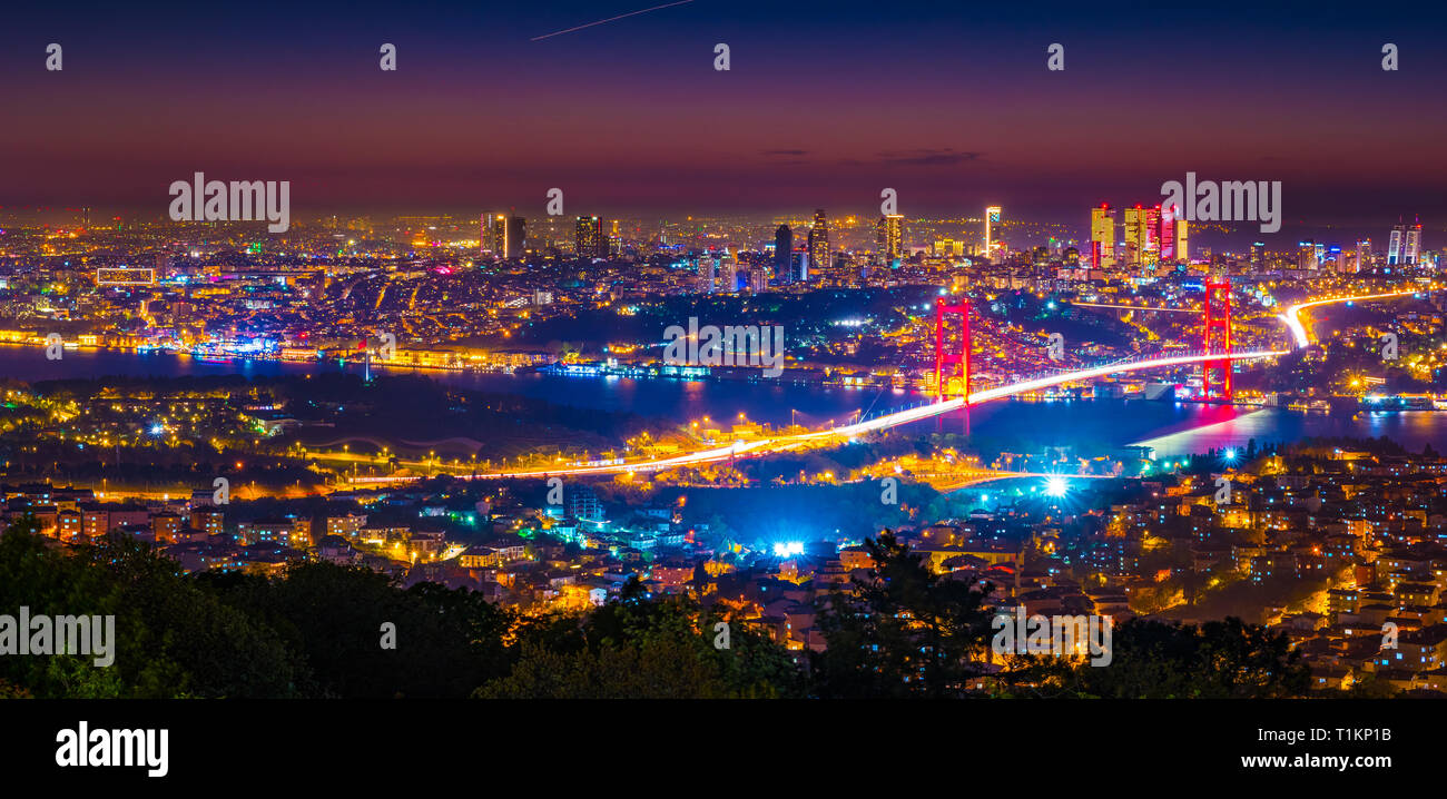 Stunning night view of Istanbul city lights and Bosphorus bridge Stock ...