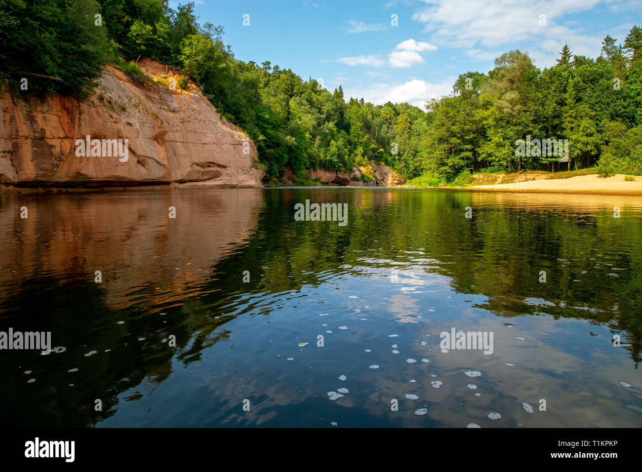 Landscape with cliff near the river Gauja, forest and clouds reflection ...