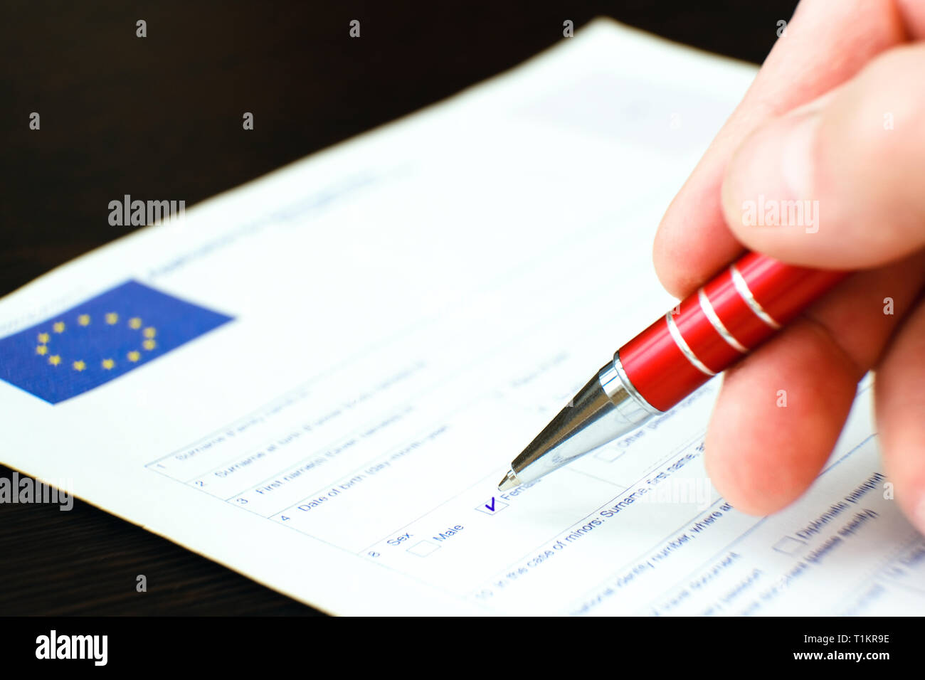 Schengen visa, questionnaire. Hand with pen completing a questionary ...