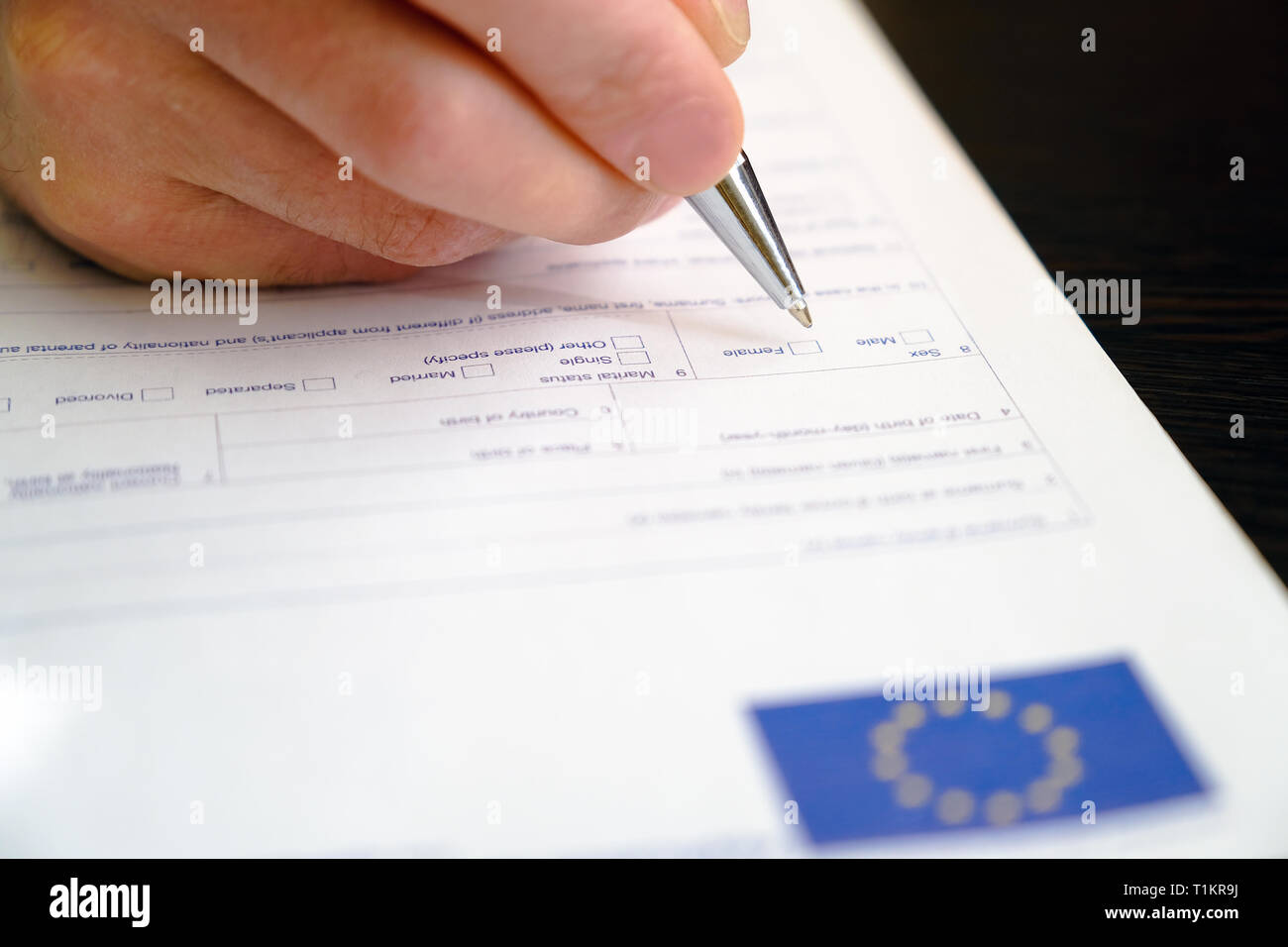 Schengen visa, questionnaire. Hand with pen completing a questionary ...