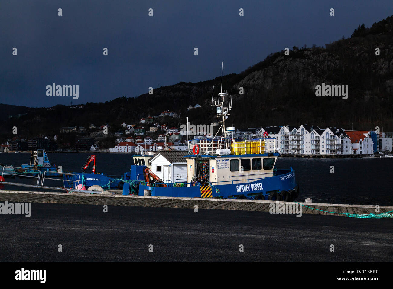 Service vessels moored at Kristiansholm pier in Sandviken, Bergen ...