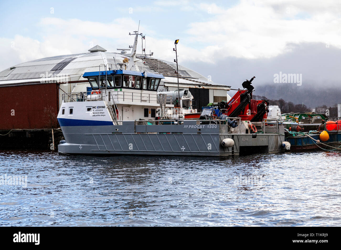 Service vessel Alpha moored at Kristiansholm pier in Sandviken, Bergen ...