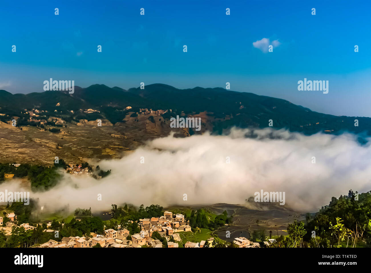 Aerial view of Yuanyang county in the midst of clouds in Honghe ...