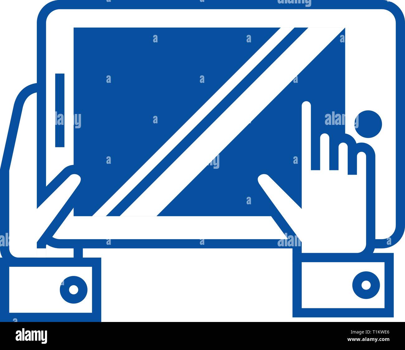 Tablet in hands line icon concept. Tablet in hands flat vector symbol ...