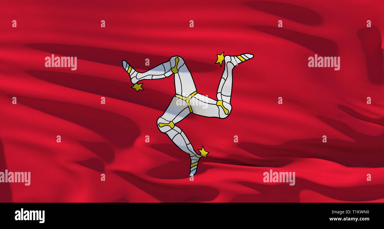 Fluttering silk flag of Isle of Mana in the wind, colorful background ...