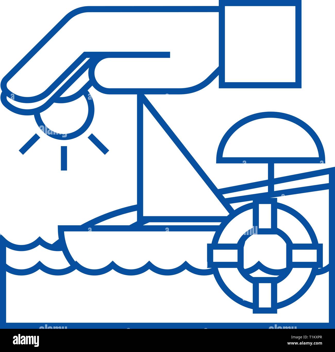 Travel insurance,boat,sun,sand,lifebuoy line icon concept. Travel ...