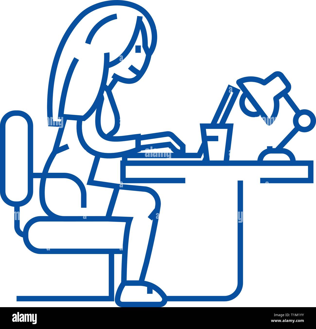 Woman working on notebook in office line icon concept. Woman working on ...