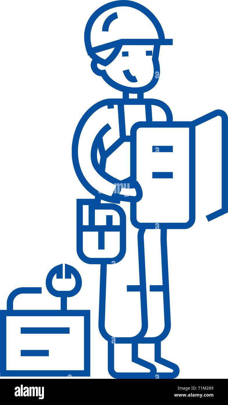 Worker with plan and tools line icon concept. Worker with plan and ...