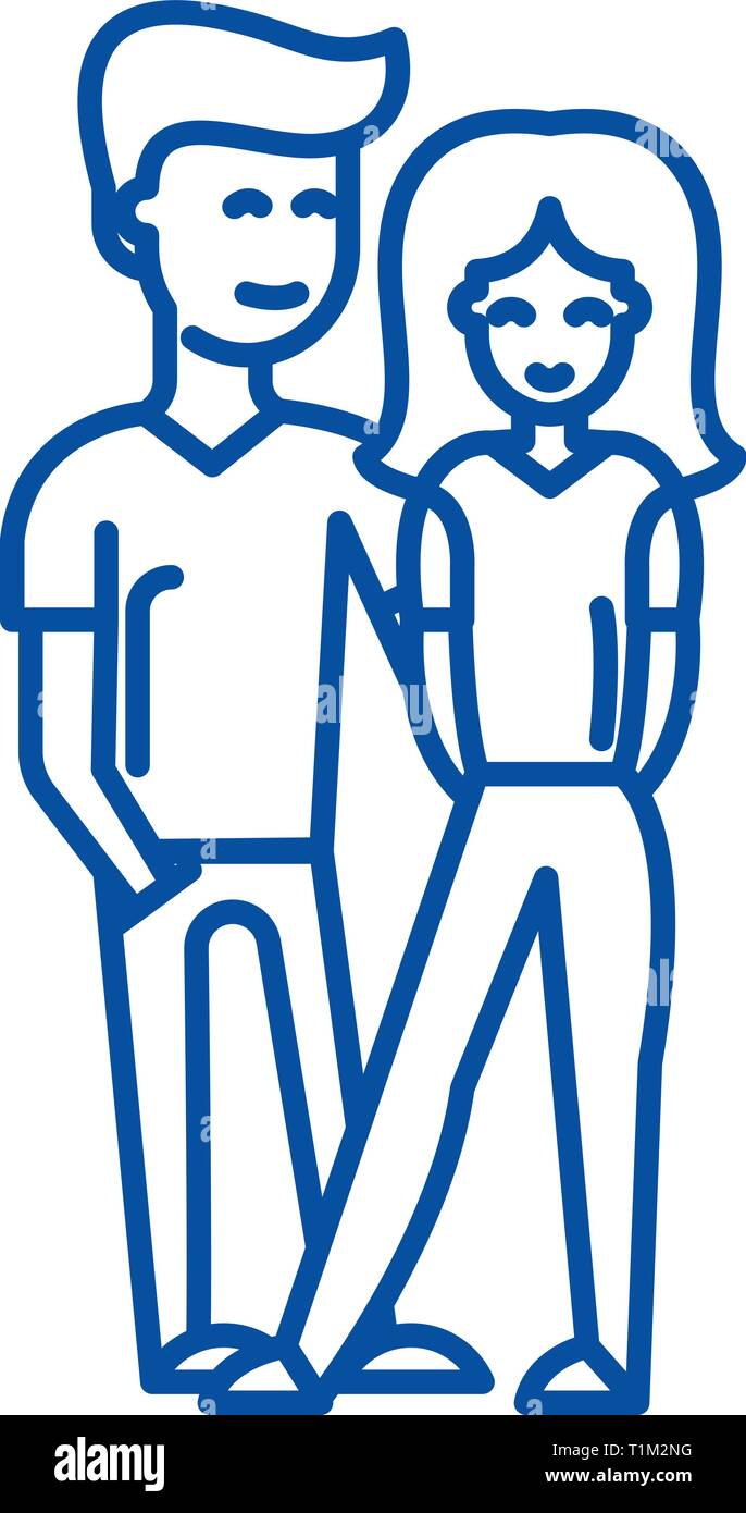 Young happy couple line icon concept. Young happy couple flat vector ...