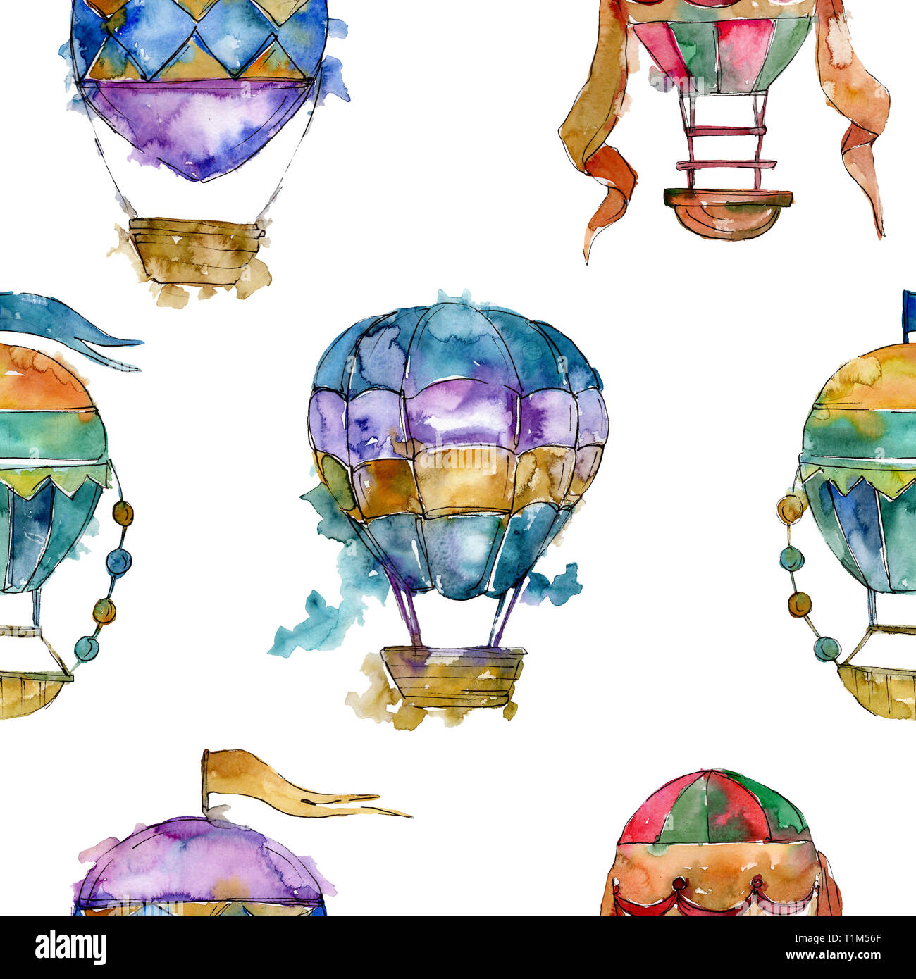 Hot air balloon background fly air transport. Watercolor background set ...