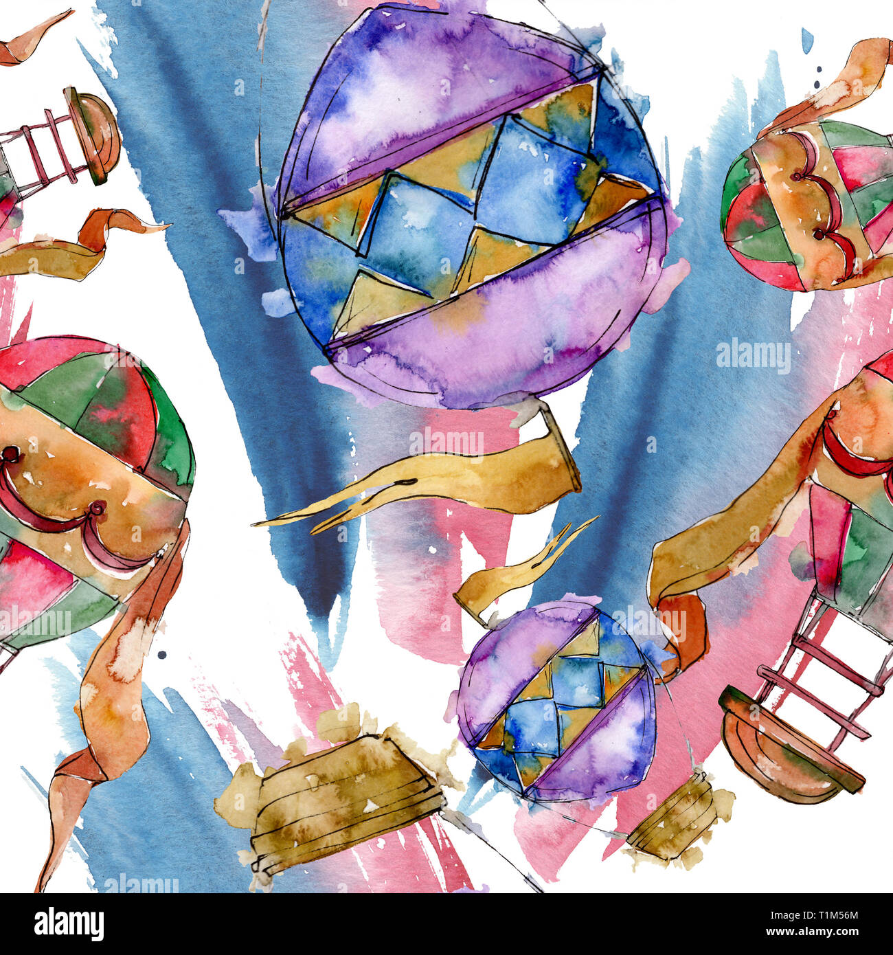 Hot air balloon background fly air transport. Watercolor background set ...