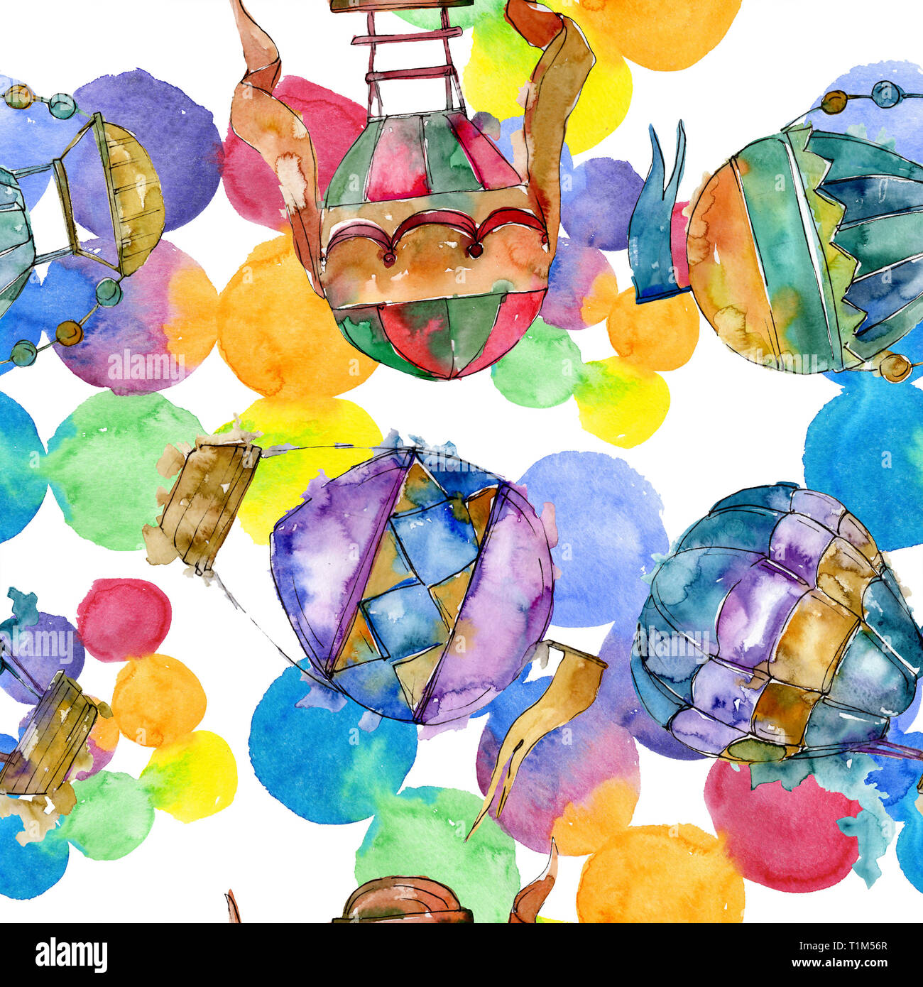 Hot air balloon background fly air transport. Watercolor background set ...