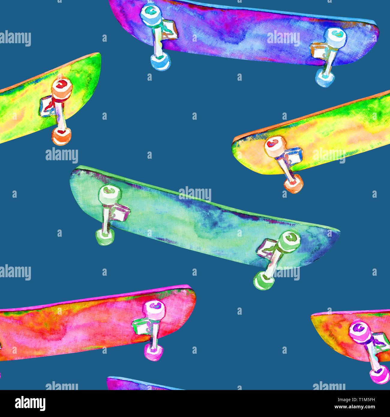 Colorful skateboards, seamless pattern design, hand painted watercolor ...