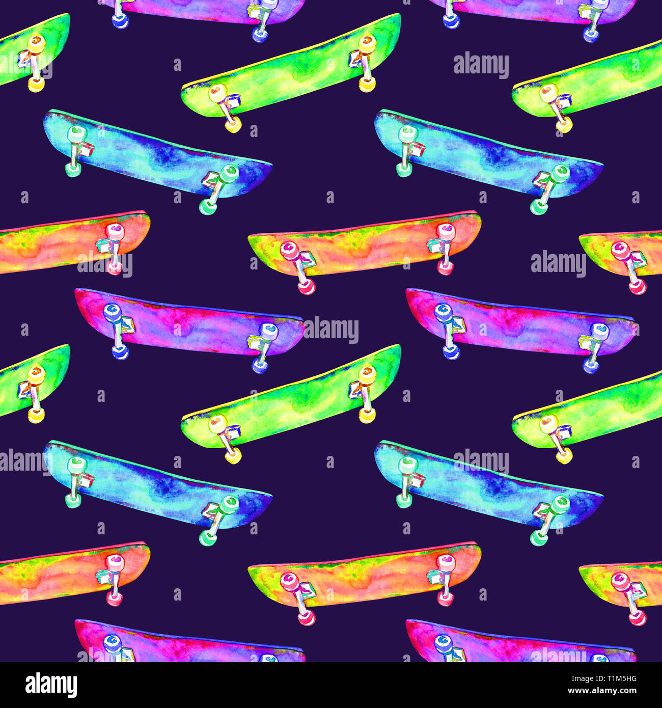 Colorful skateboards, seamless pattern design, hand painted watercolor ...