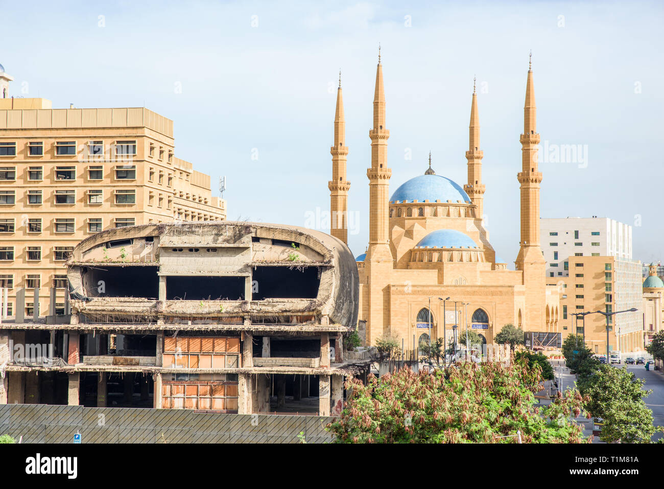BEIRUT, LEBANON - 9 Mar 2018: The Egg cinema building and Al-Amine blue ...