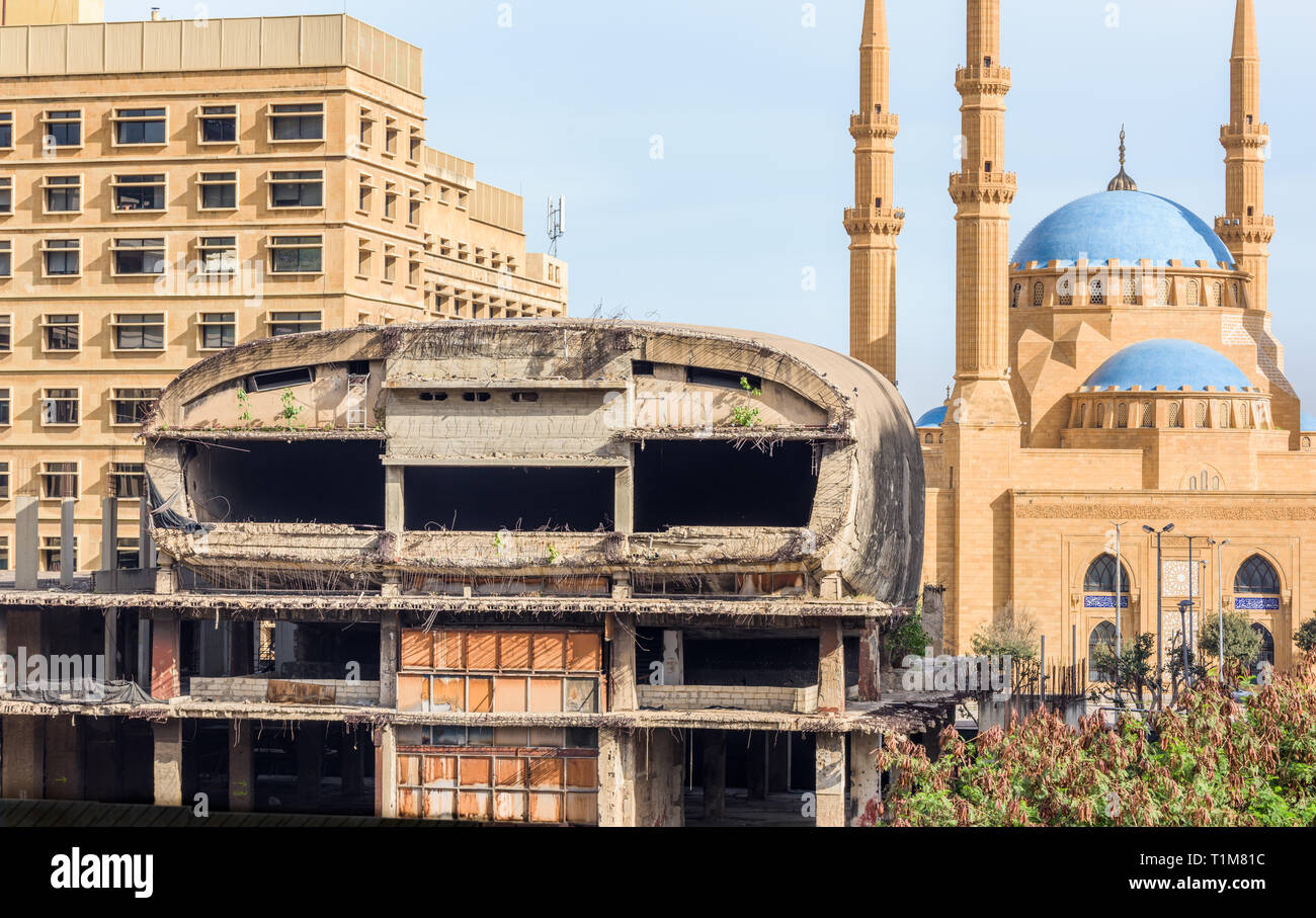 BEIRUT, LEBANON - 9 Mar 2018: The Egg cinema building and Al-Amine blue ...