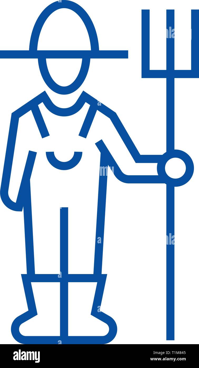 Male farmer with hayfork line icon concept. Male farmer with hayfork ...