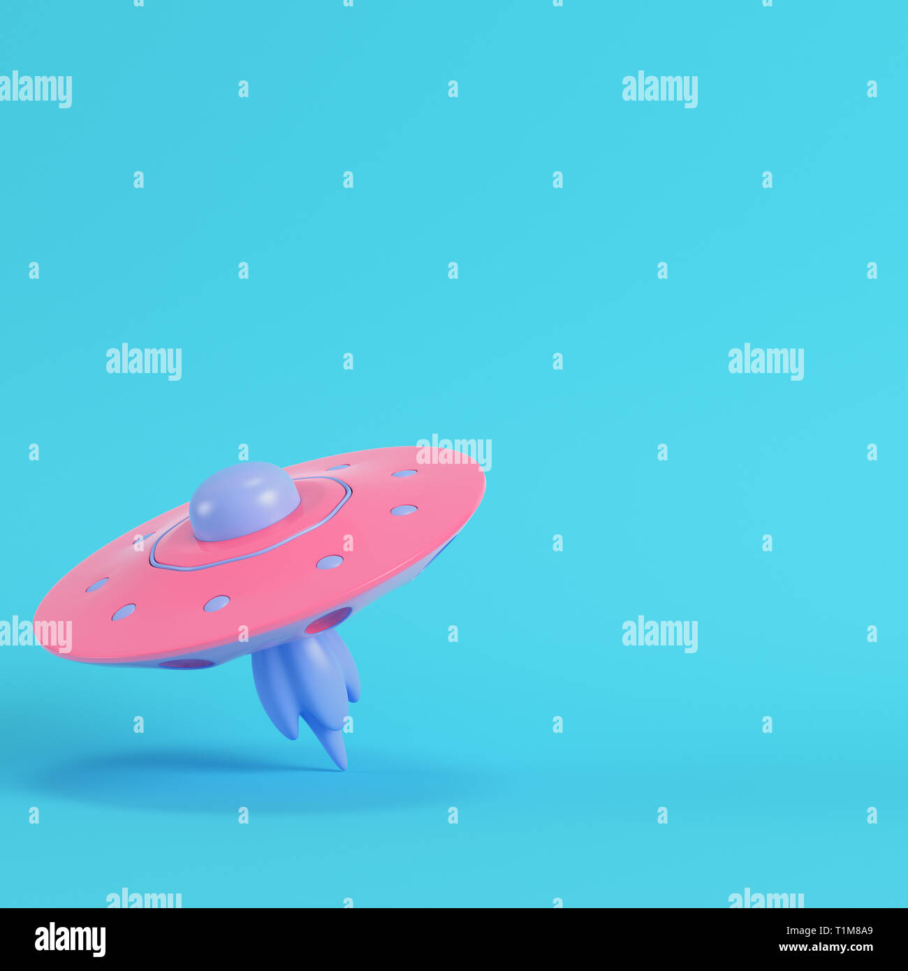 Pink ufo or alien spaceship on bright blue background in pastel colors ...