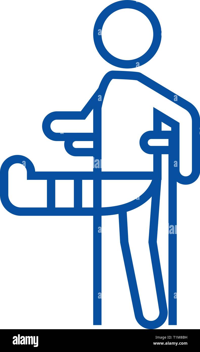 Man with broken leg,gypsum foot crutch line icon concept. Man with ...